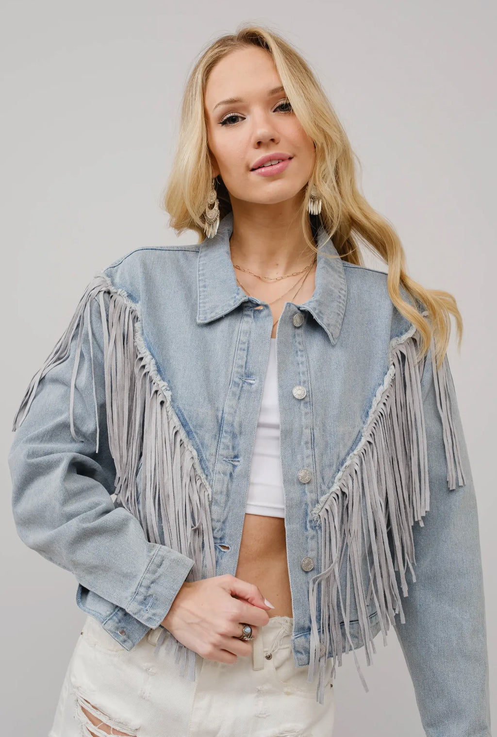 Denim Cropped Fringe Jacket – Coastal Cowgirls